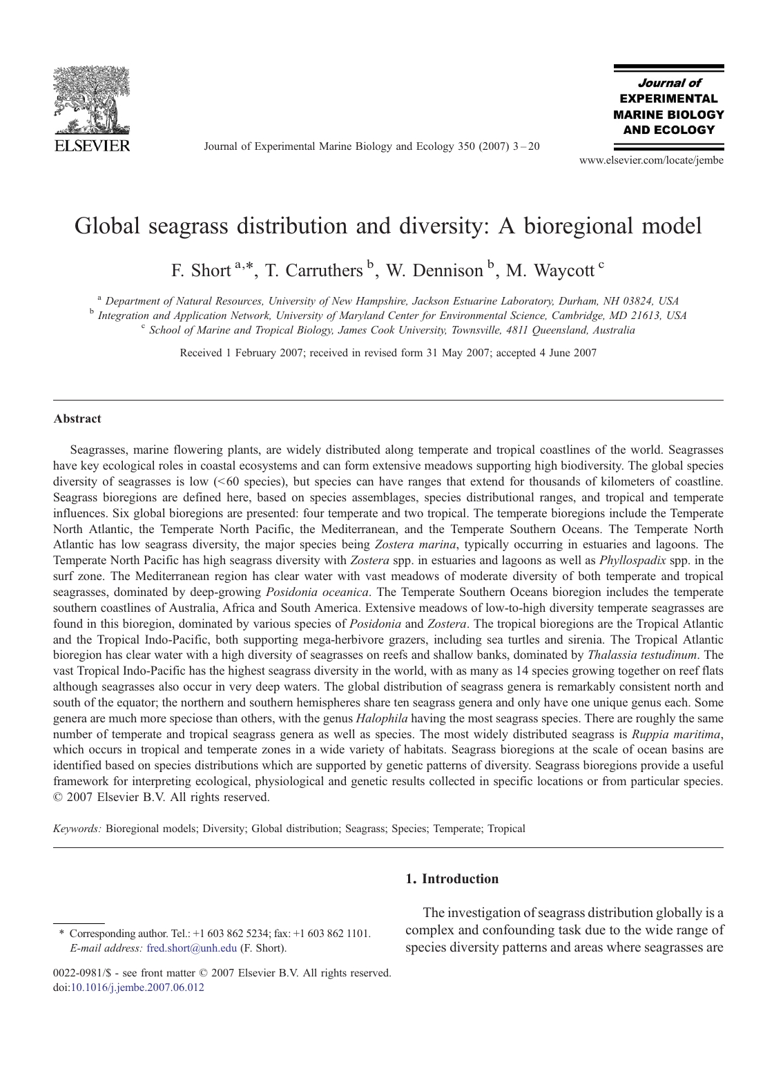 Global seagrass distribution and diversity: A bioregional model ...