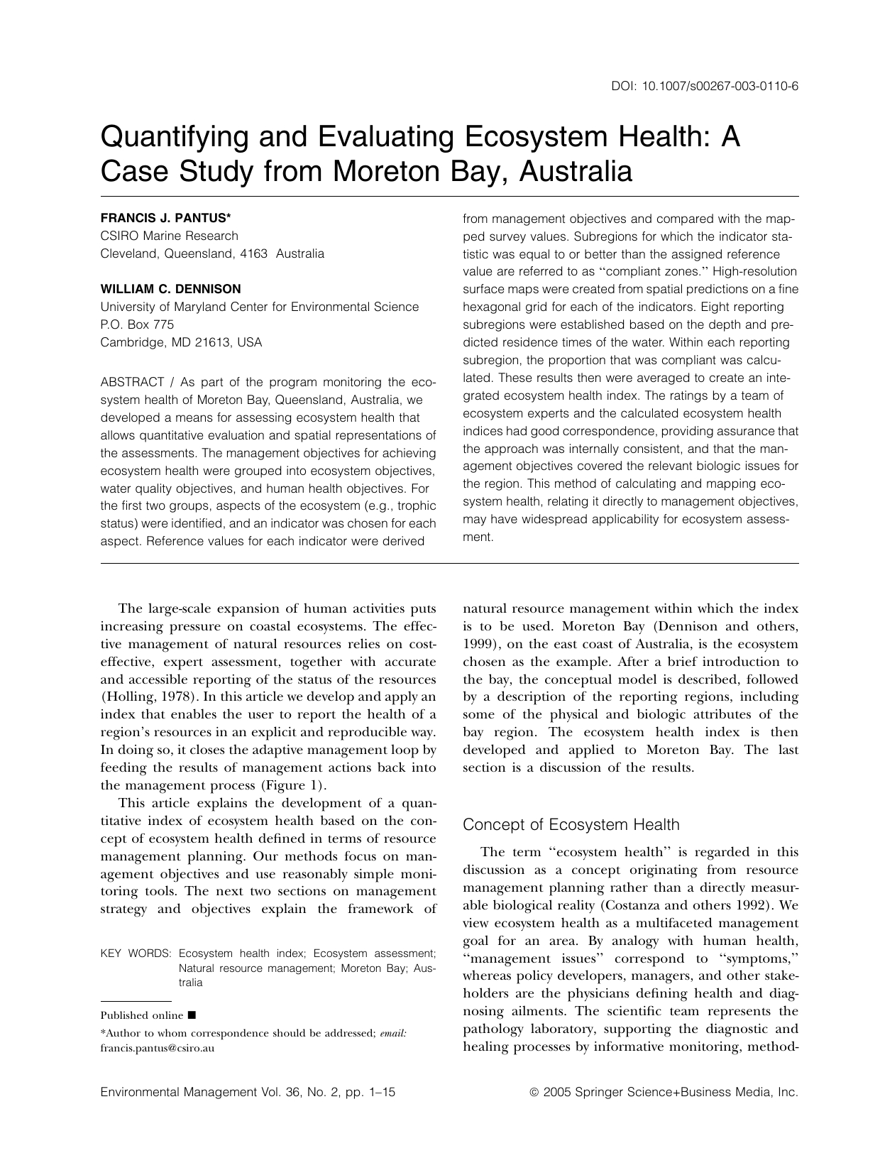 Quantifying and evaluating ecosystem health: A case study from Moreton ...