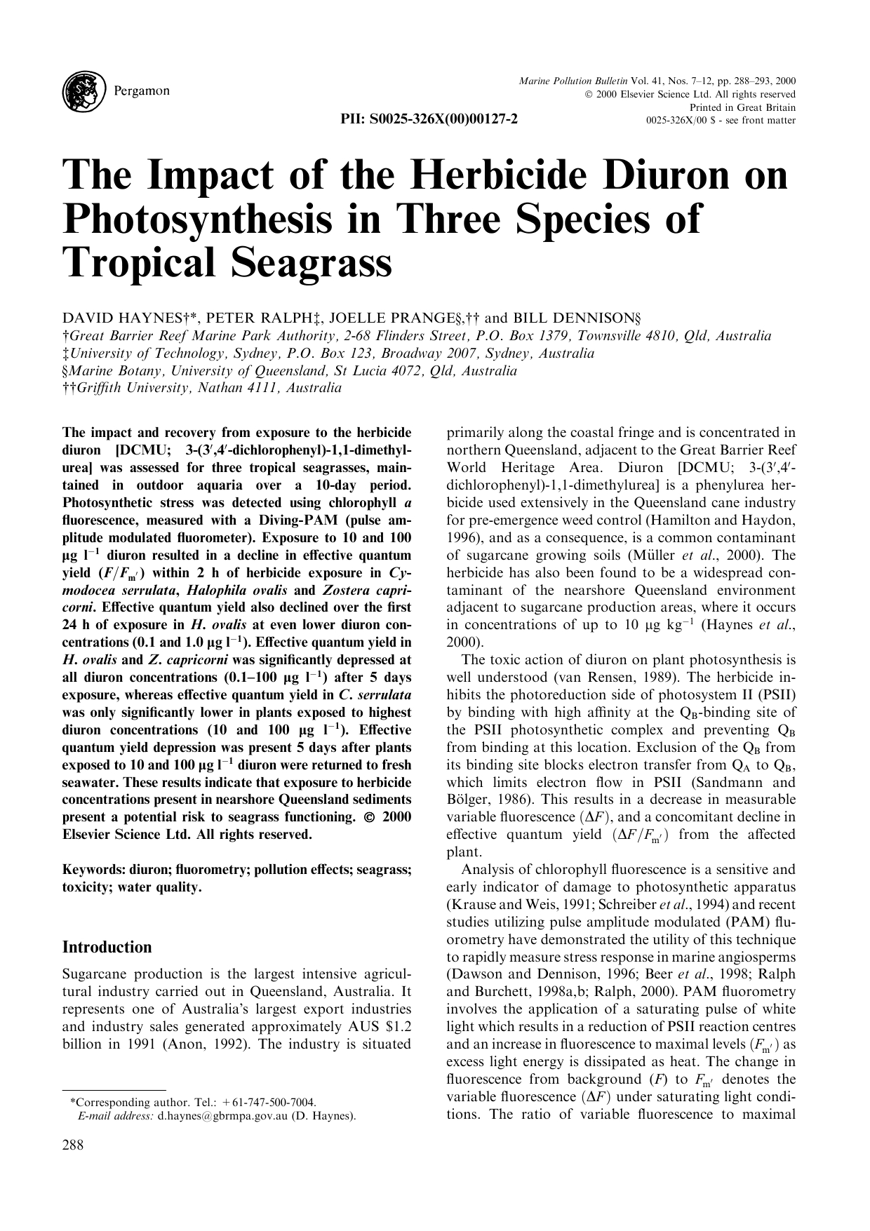 The impact of the herbicide diuron on photosynthesis in three species ...