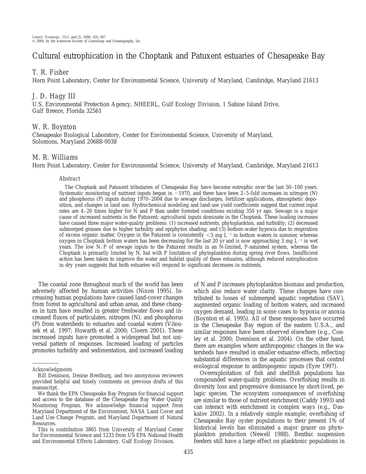 Cultural eutrophication in the Choptank and Patuxent estuaries of ...
