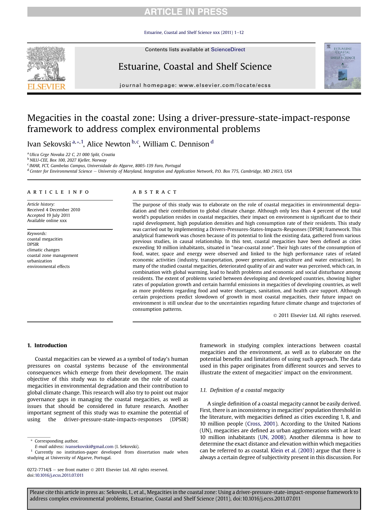 Megacities in the coastal zone: Using a driver-pressure-state-impact ...