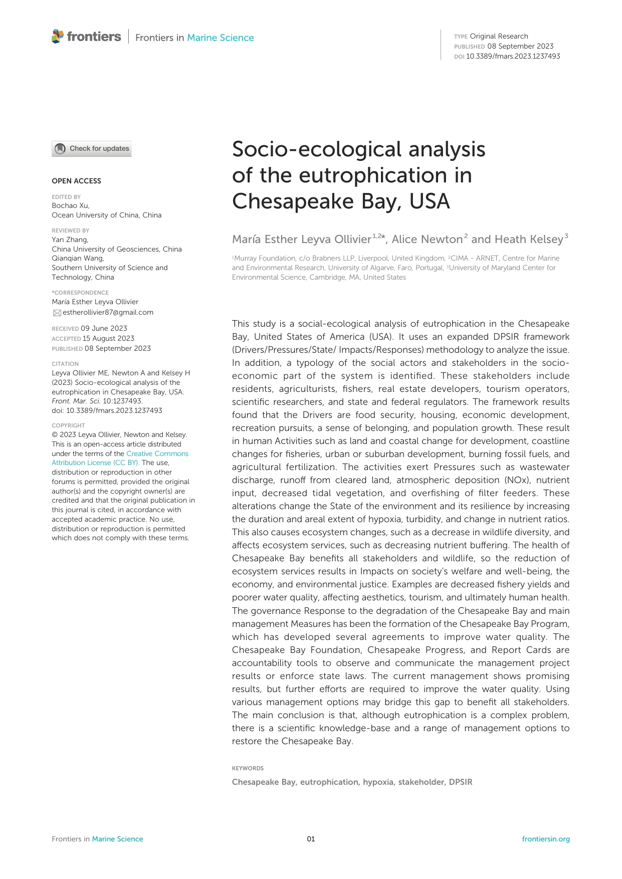 Socio-ecological analysis of the eutrophication in Chesapeake Bay, USA ...