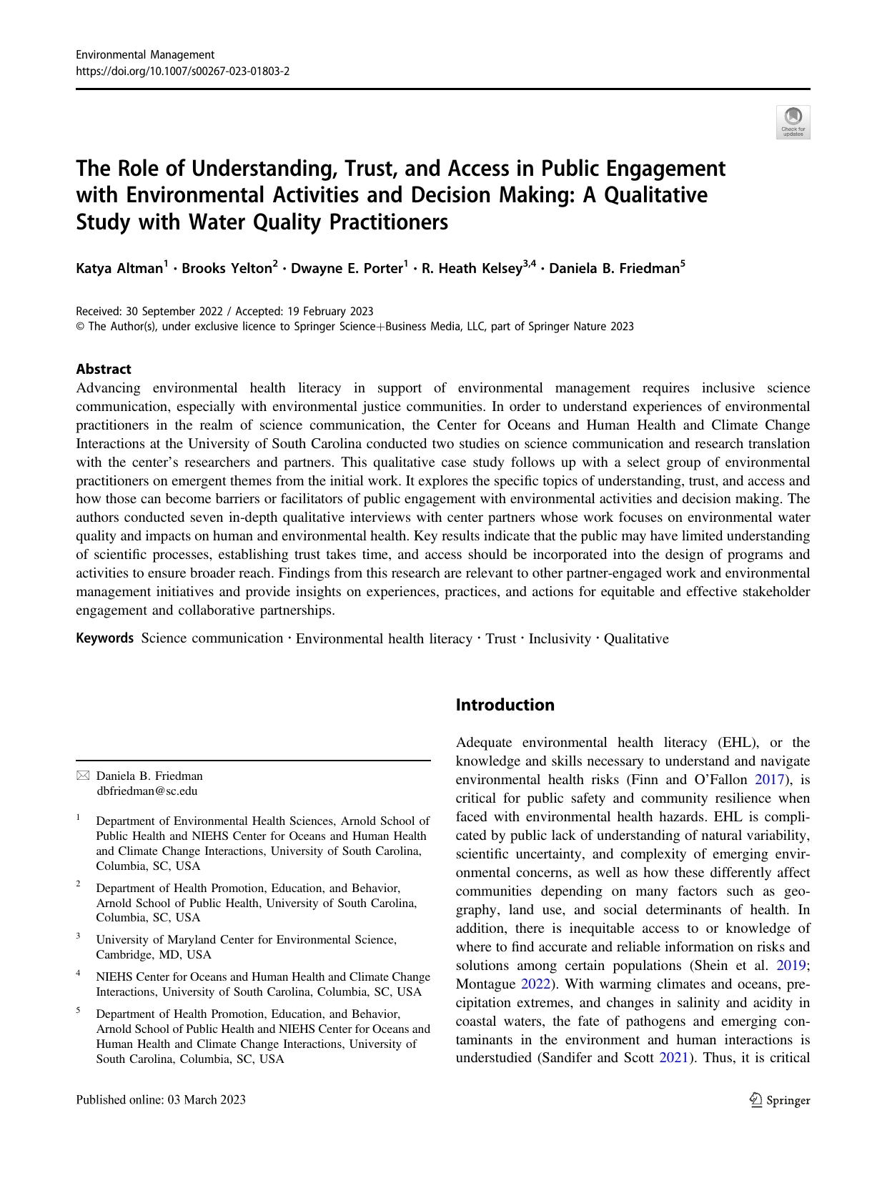The Role of Understanding, Trust, and Access in Public Engagement with Environmental Activities ...