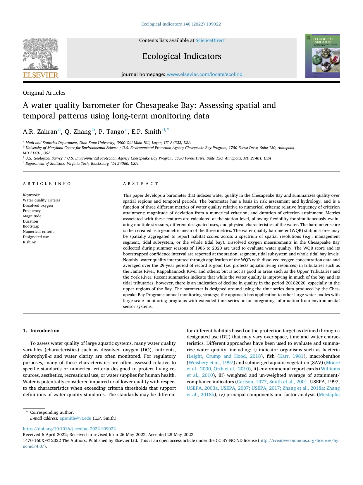 A water quality barometer for Chesapeake Bay: Assessing spatial and ... A water quality barometer for Chesapeake Bay: Assessing spatial and ...