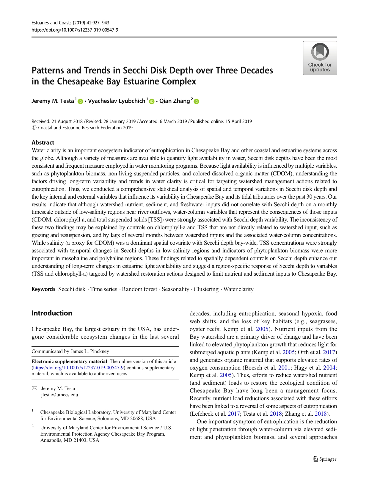 Patterns and trends in Secchi disk depth over three decades in the Chesapeake Bay estuarine ...