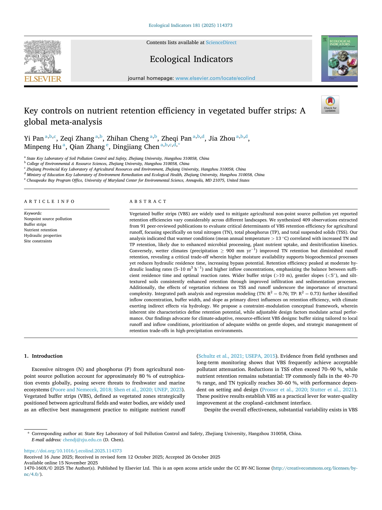 Key controls on nutrient retention efficiency in vegetated buffer ...