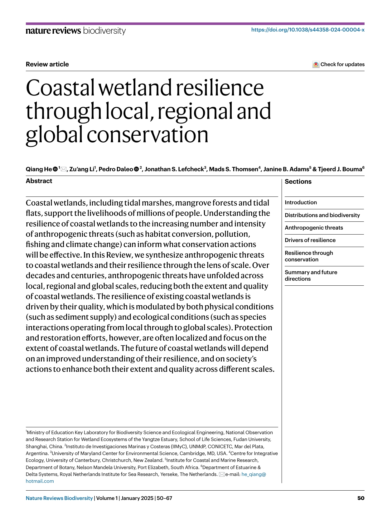 Coastal wetland resilience through local, regional and global ...